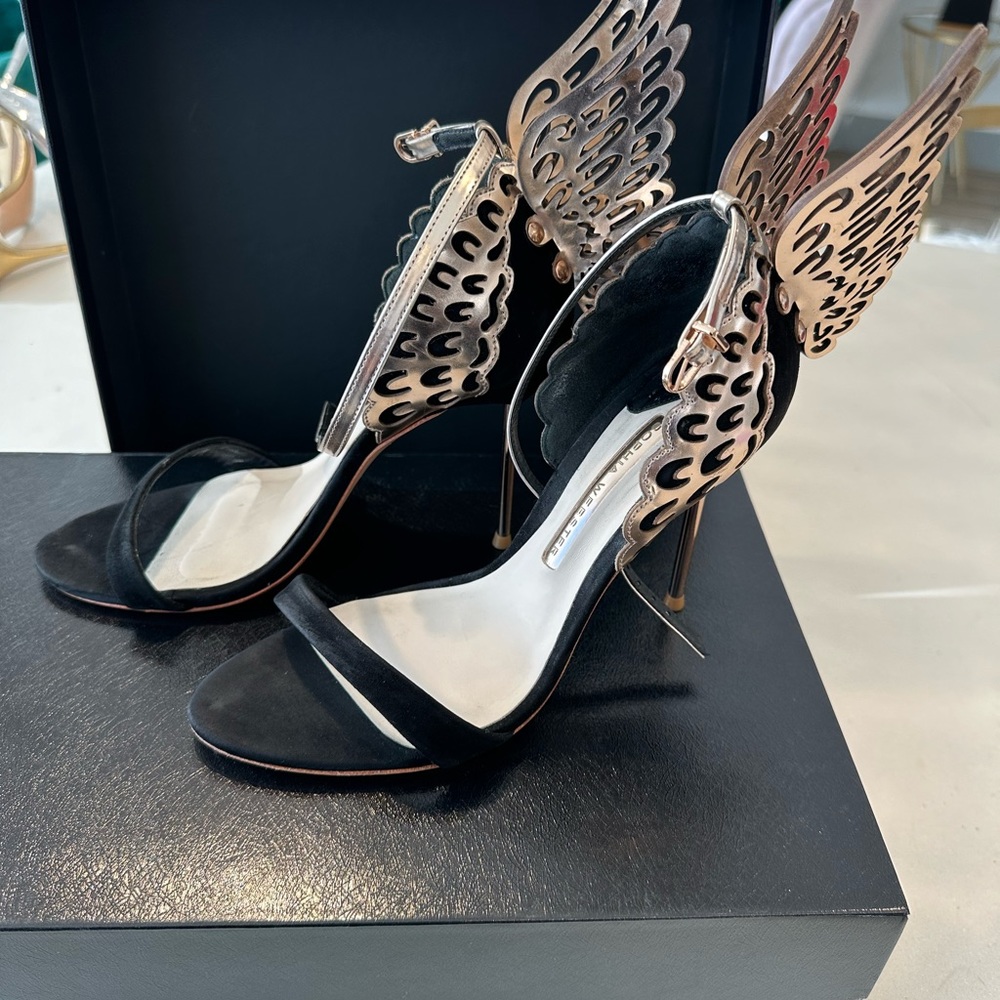 Evangeline Angel Wing Sandals, Black/Rose Gold - Gem